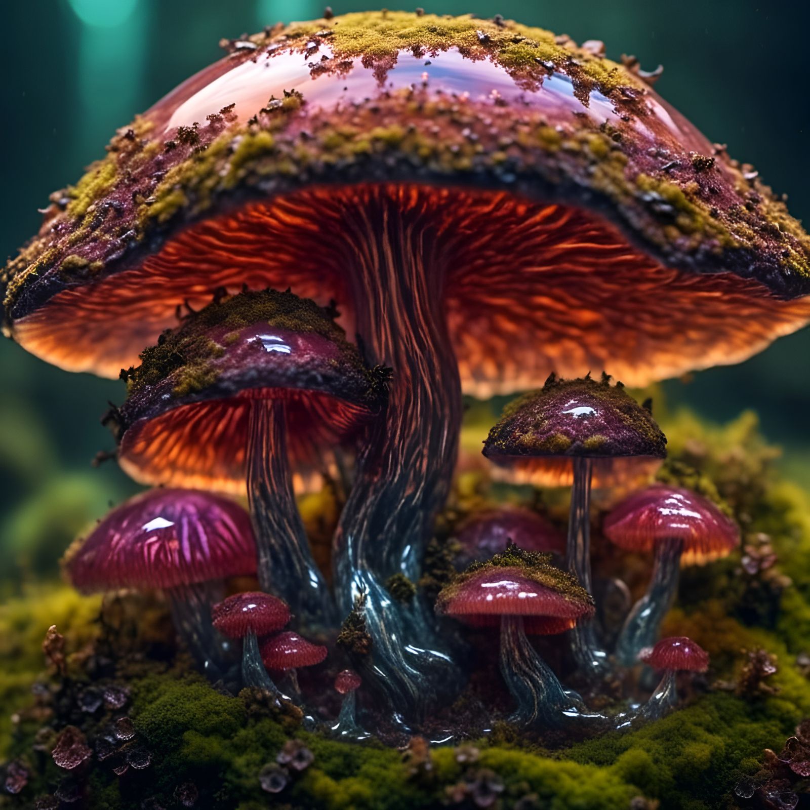 Liquid crystal mushroom surrounded by Agate moss - AI Generated Artwork ...