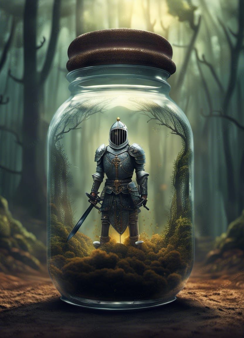 A tiny knight with a sword trapped inside a glass jar. Jar has ...