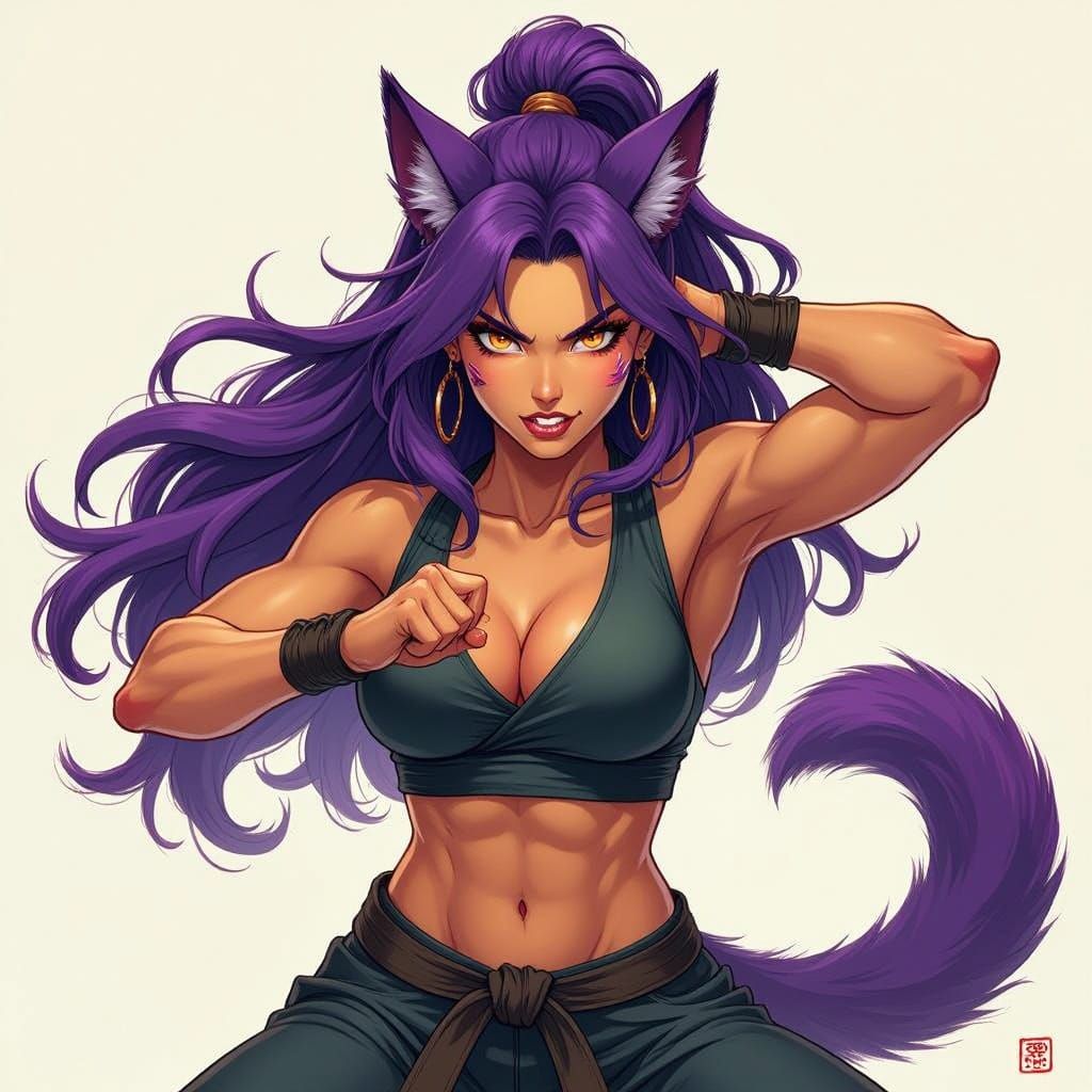 Kitsune - HiDream Dev - Fierce Kitsune Warrior in Vibrant, D...