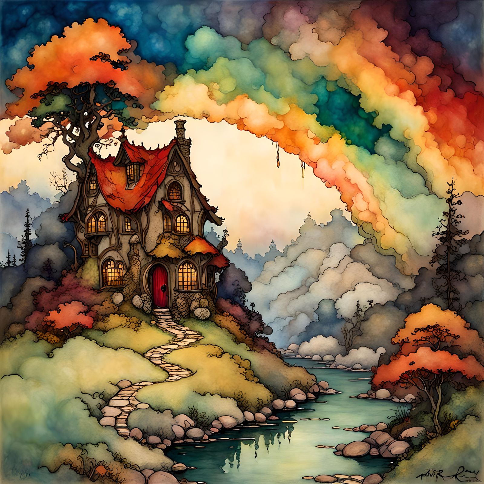 Flamboyant rainbow landscape painting, ALCOHOL INK, FAIRY HOUSE, 🌛🐱by ...