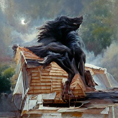 A black werewolf, it's crouching on the roof of a house howling - AI ...