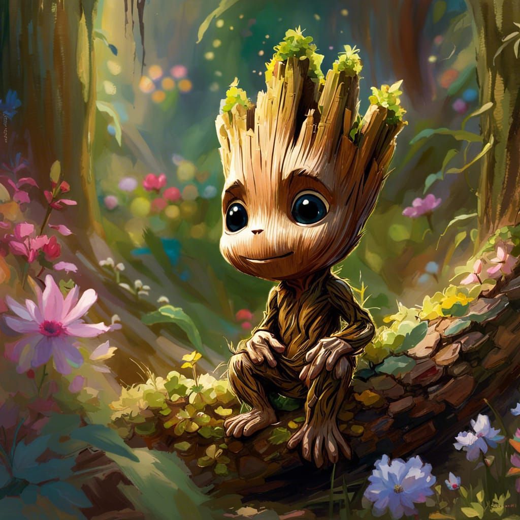 chibi adorable groot in a garden : "tree fur" : Impressionism movement ...
