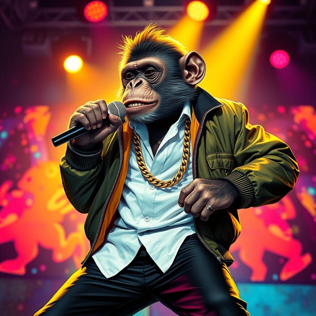 Street-Smart Monkey Rapper in Neon-Lit Concert Sty... - AI Art