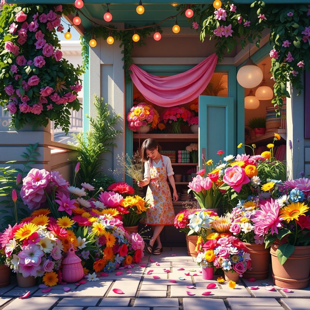 Vibrant Whimsical Flower Shop Scene in a Matte Pai... - AI Art