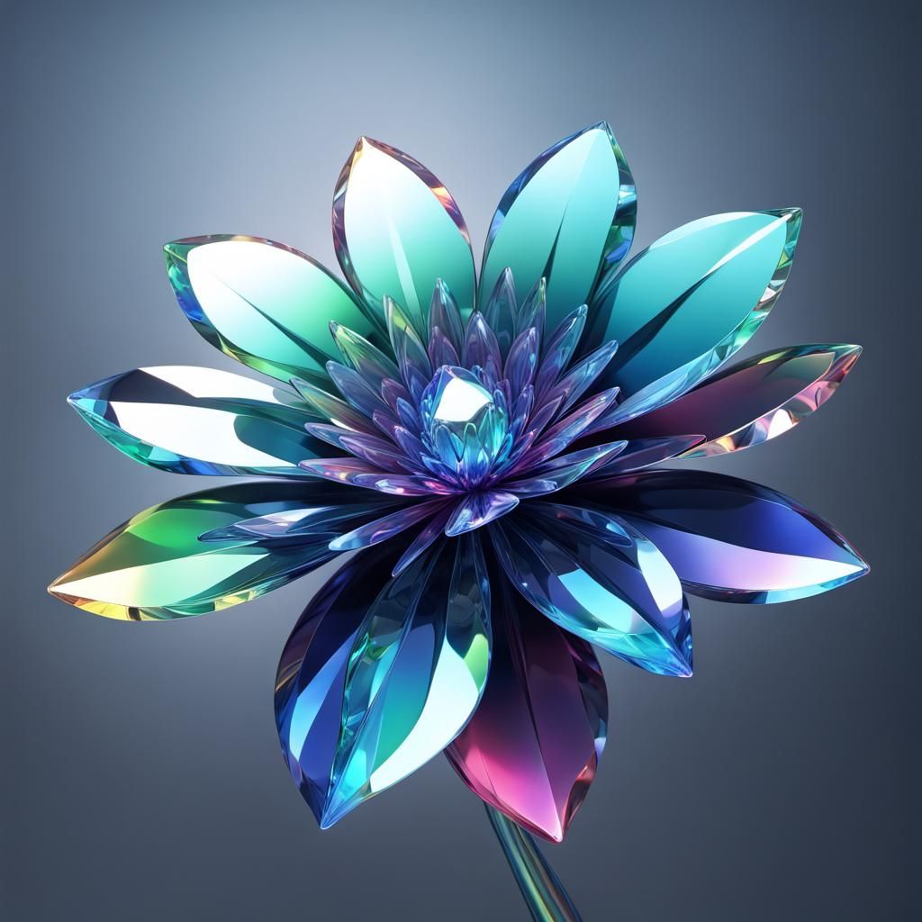 Crystal Prismatic colored flower ; 3D render, solid colors ; dynamic lighting, vibrant, bursts ...