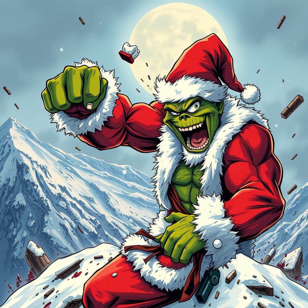 Hypermuscular Santa Smashes Grinch on Mountain - AI Art