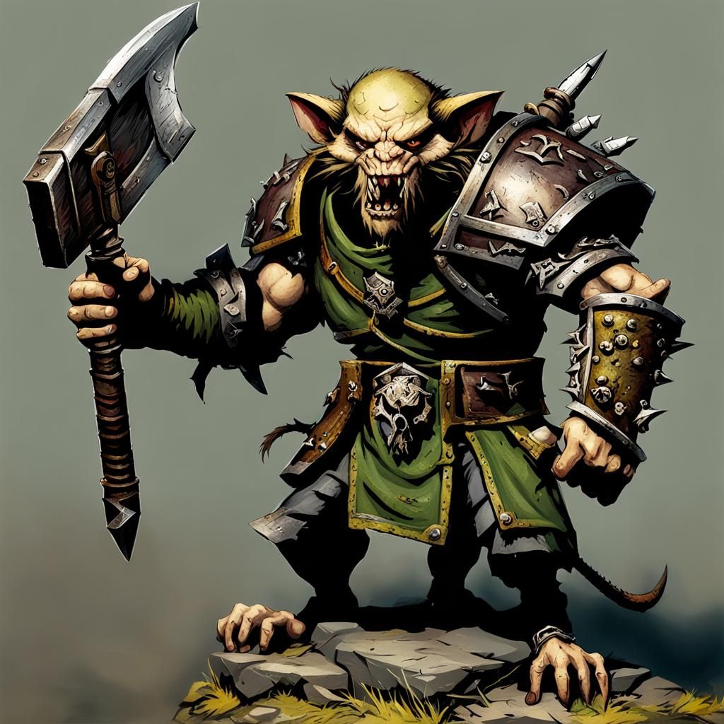 a Warhammer skaven leader, yellowed teeth, rough hairs, rags cloths ...