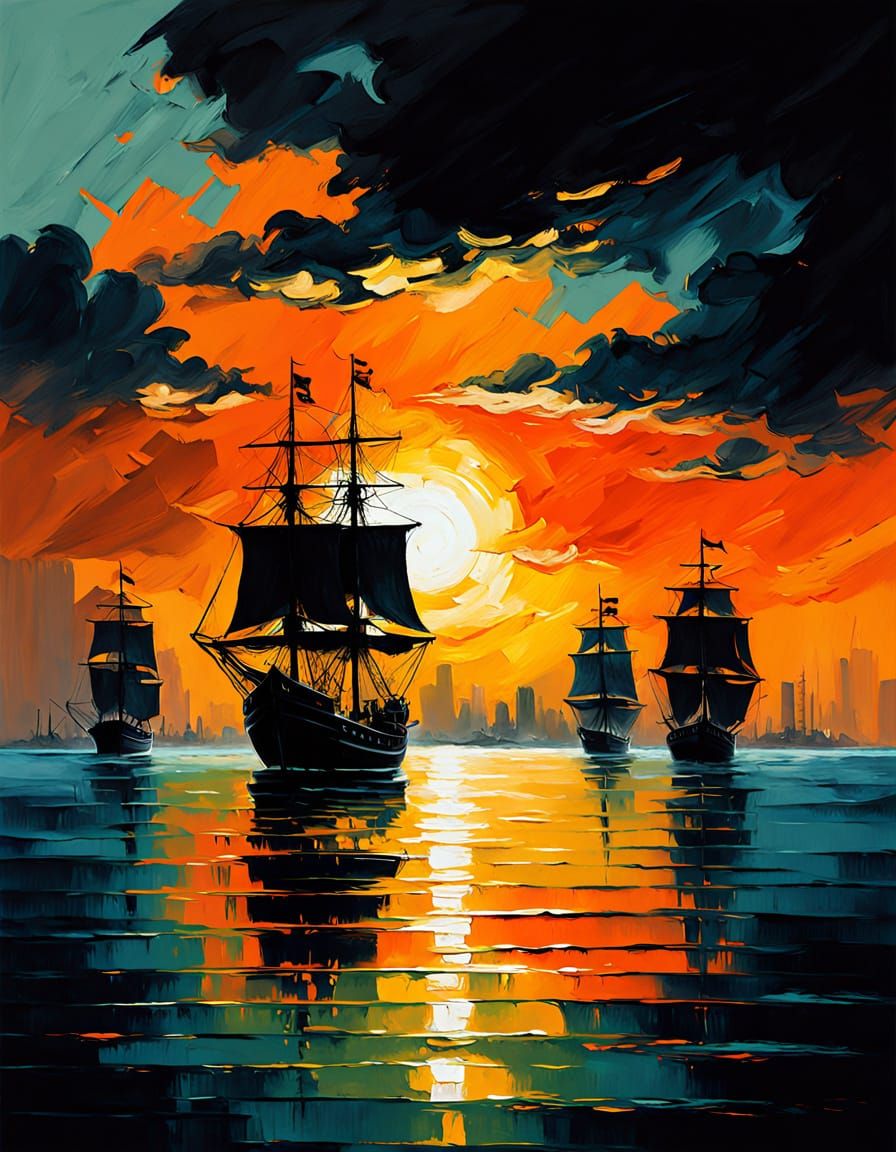 Rembrandt-Inspired Harbour Scene at Sunset