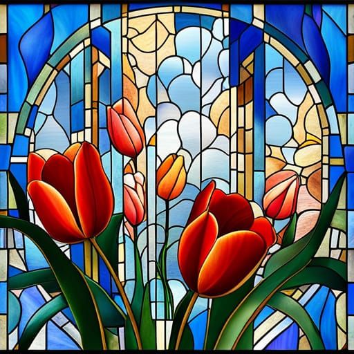 Hyper detailed Stained glass window with tulip flowers on it, hyper ...