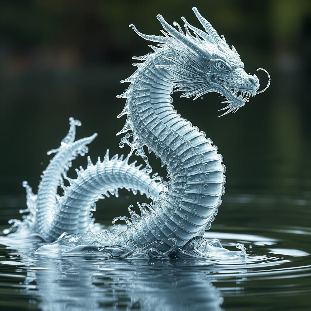 Water Dragon - Majestic Water Dragon Rises from Serene Pond