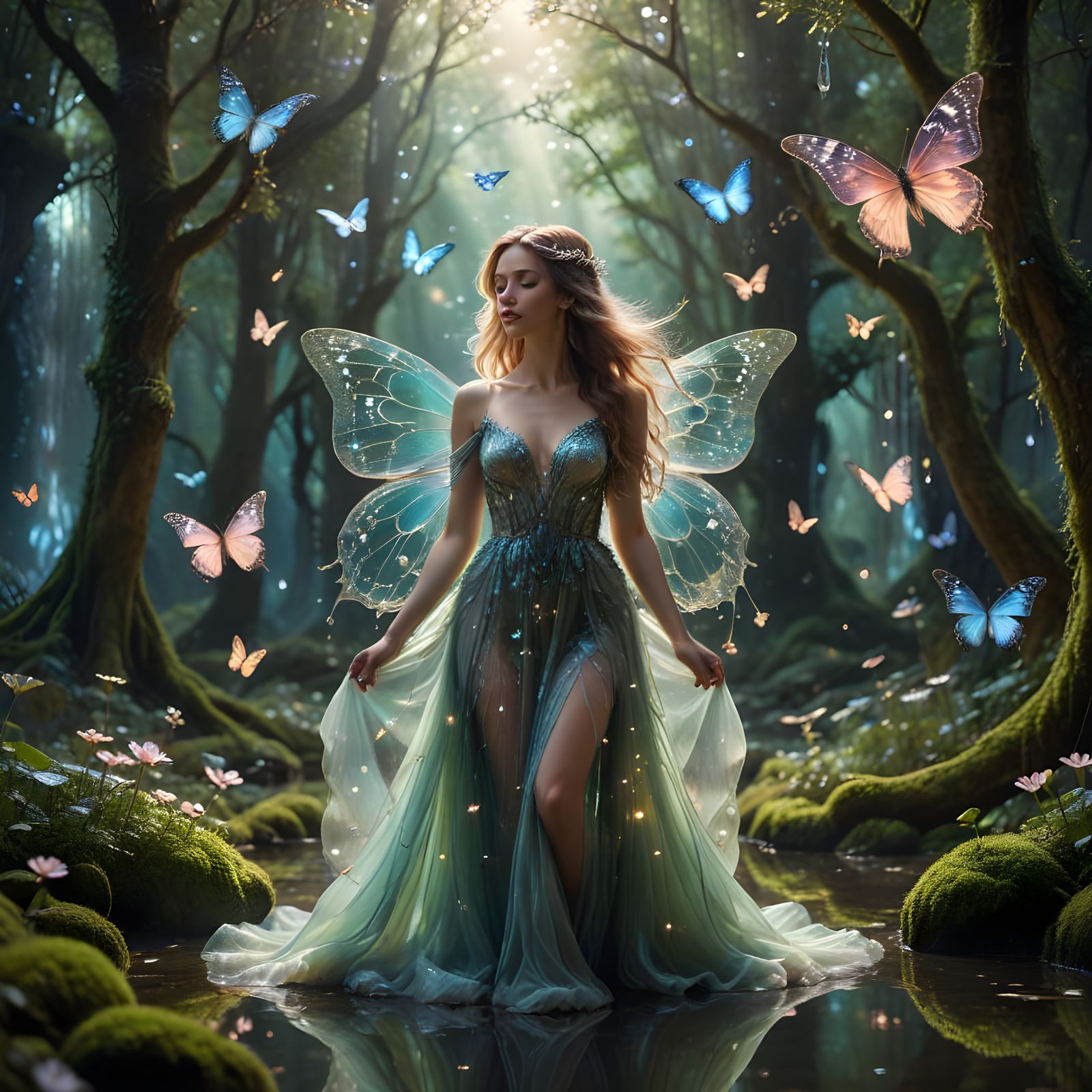 Forest Nympha - Ethereal Goddess Amidst Crystal Forest