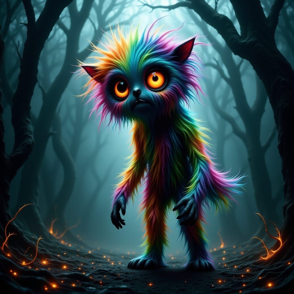 Whimsical Woodland Creature with Rainbow Locks - AI Art
