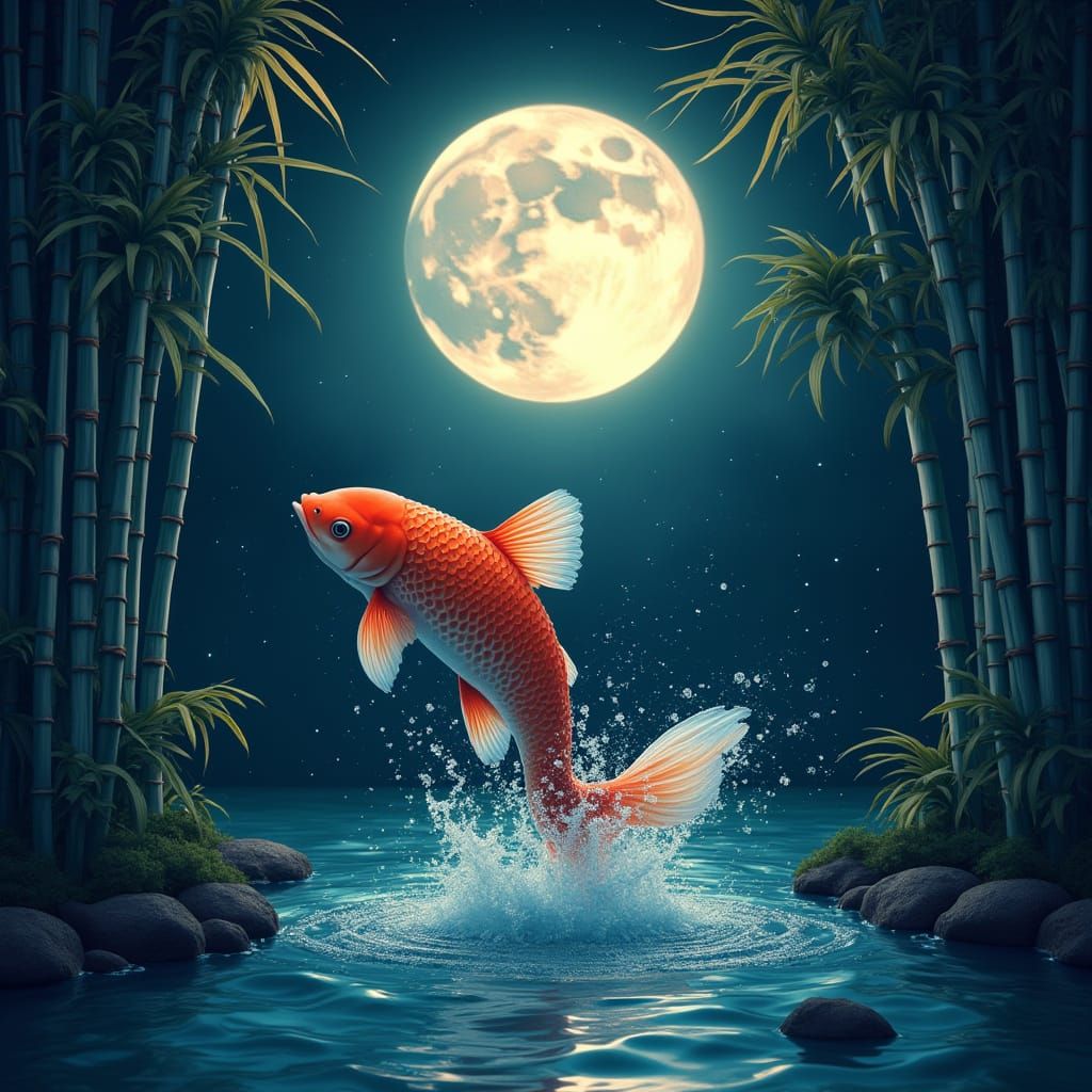Jumping Fish - Moonlit Fish Emerges from Serene Pond
