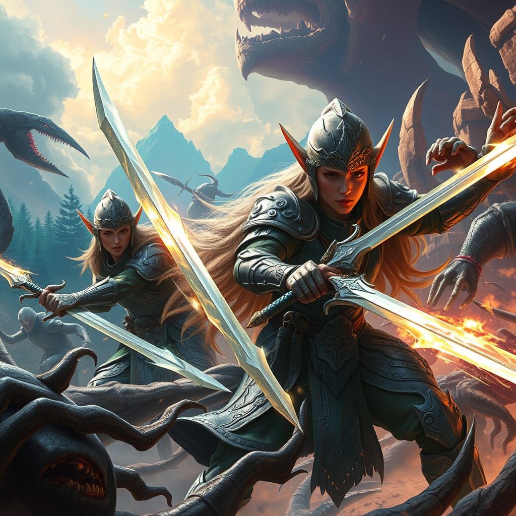 Elven Warriors Battle Mythical Beasts in Vibrant L... - AI Art