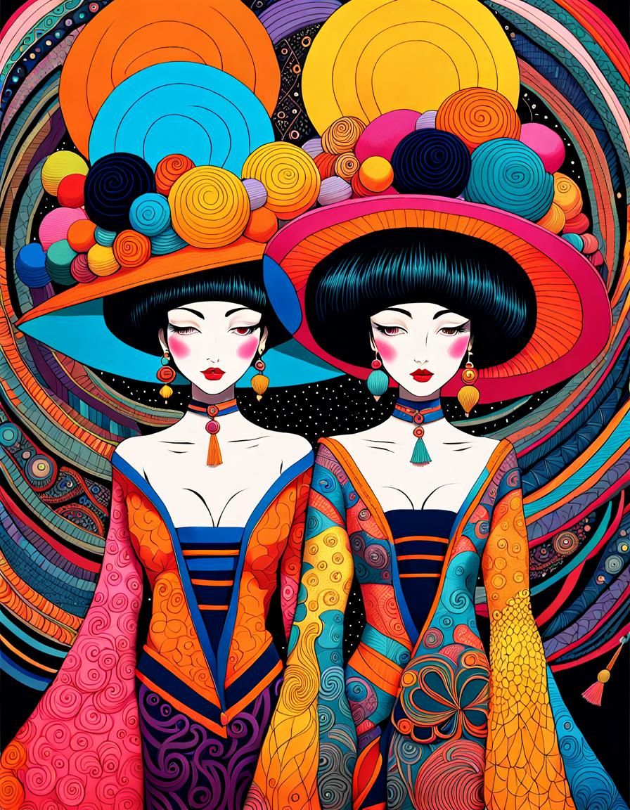 Messy drawing, Two insanely colourful wild stick-figure women wearing ...