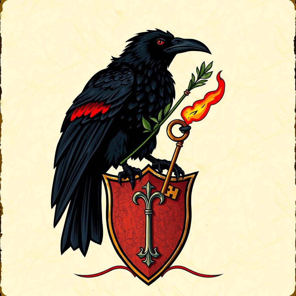 Medieval Heraldic Raven with Olive Branch and Flam... - AI Art
