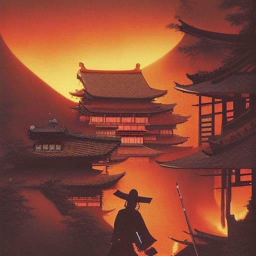 Japanese village setting on fire with a samurai holding a katana ...