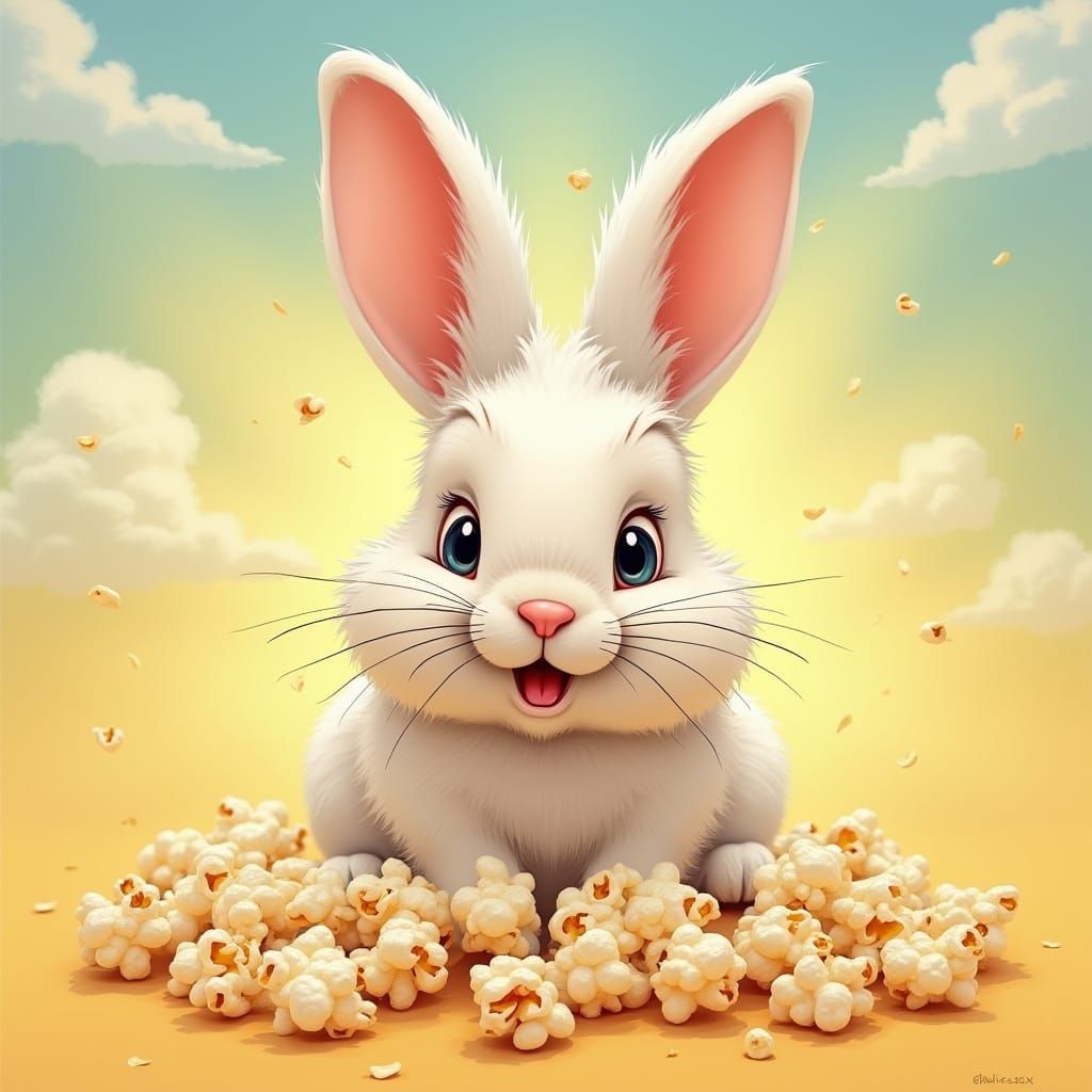 Whimsical Bunny Portrait in Sunny Popcorn Scene - AI Art