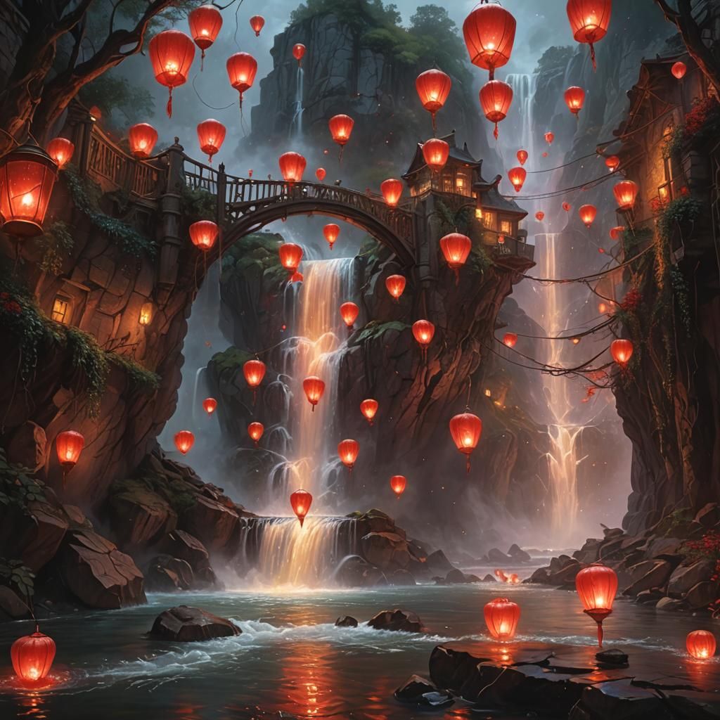 Red Lanterns & Waterfall - AI Generated Artwork - NightCafe Creator