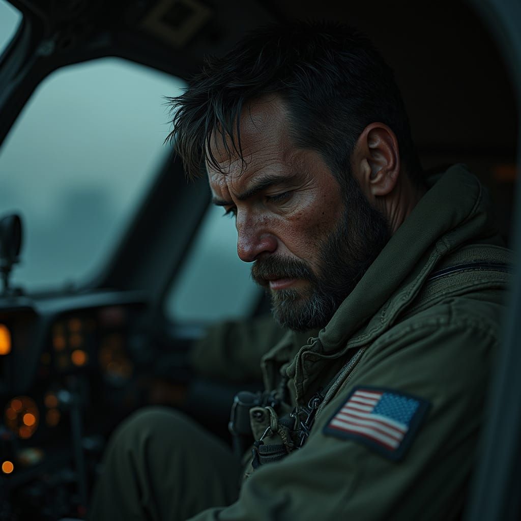 Battle-Scarred Veteran in Helicopter Cockpit - AI Art