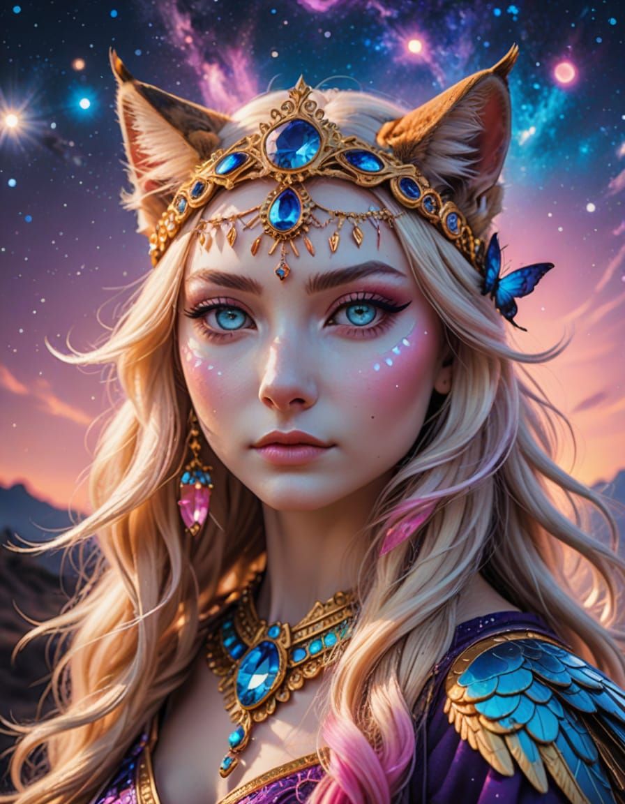 Galaxy,xy Long blonde hair,xy neko ,realism,realistic, blue eyes ...