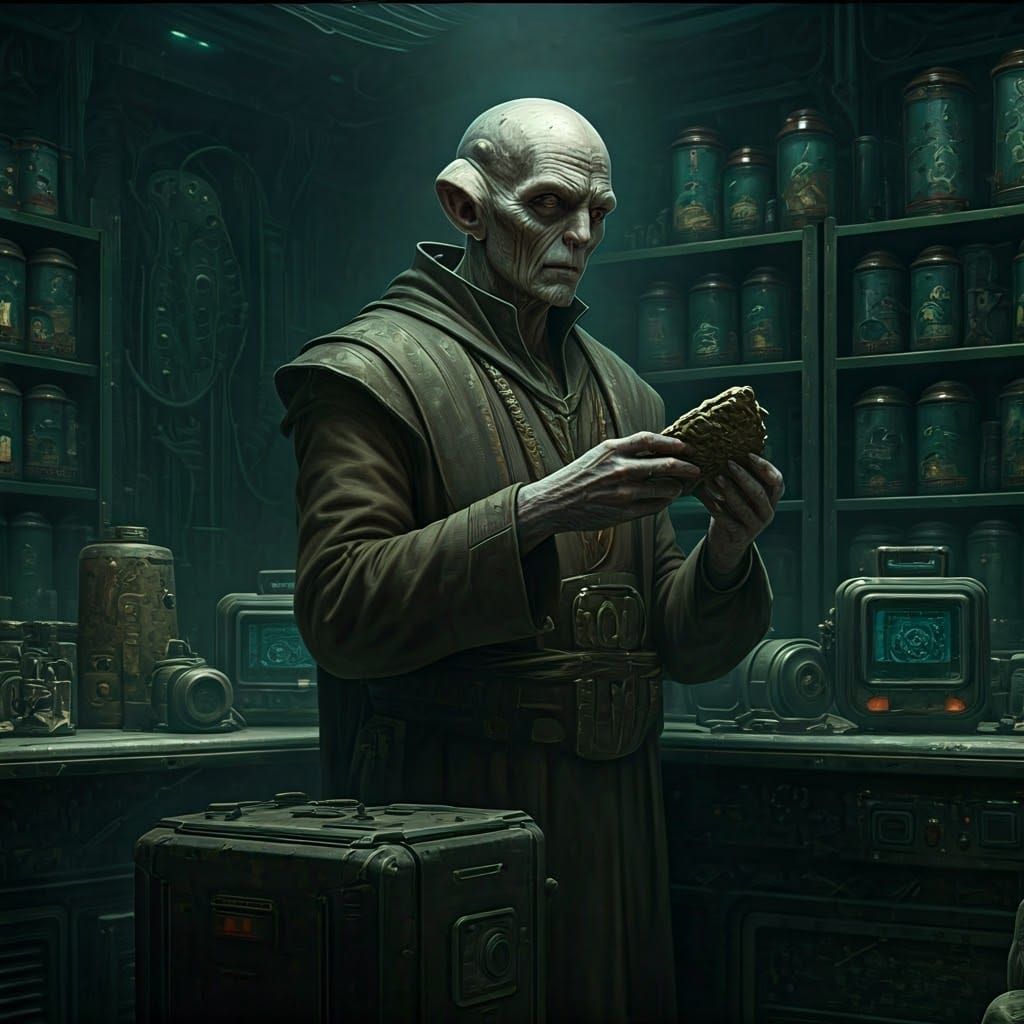 Ethereal Alien Merchant Amidst Ancient Relics in a... - AI Art