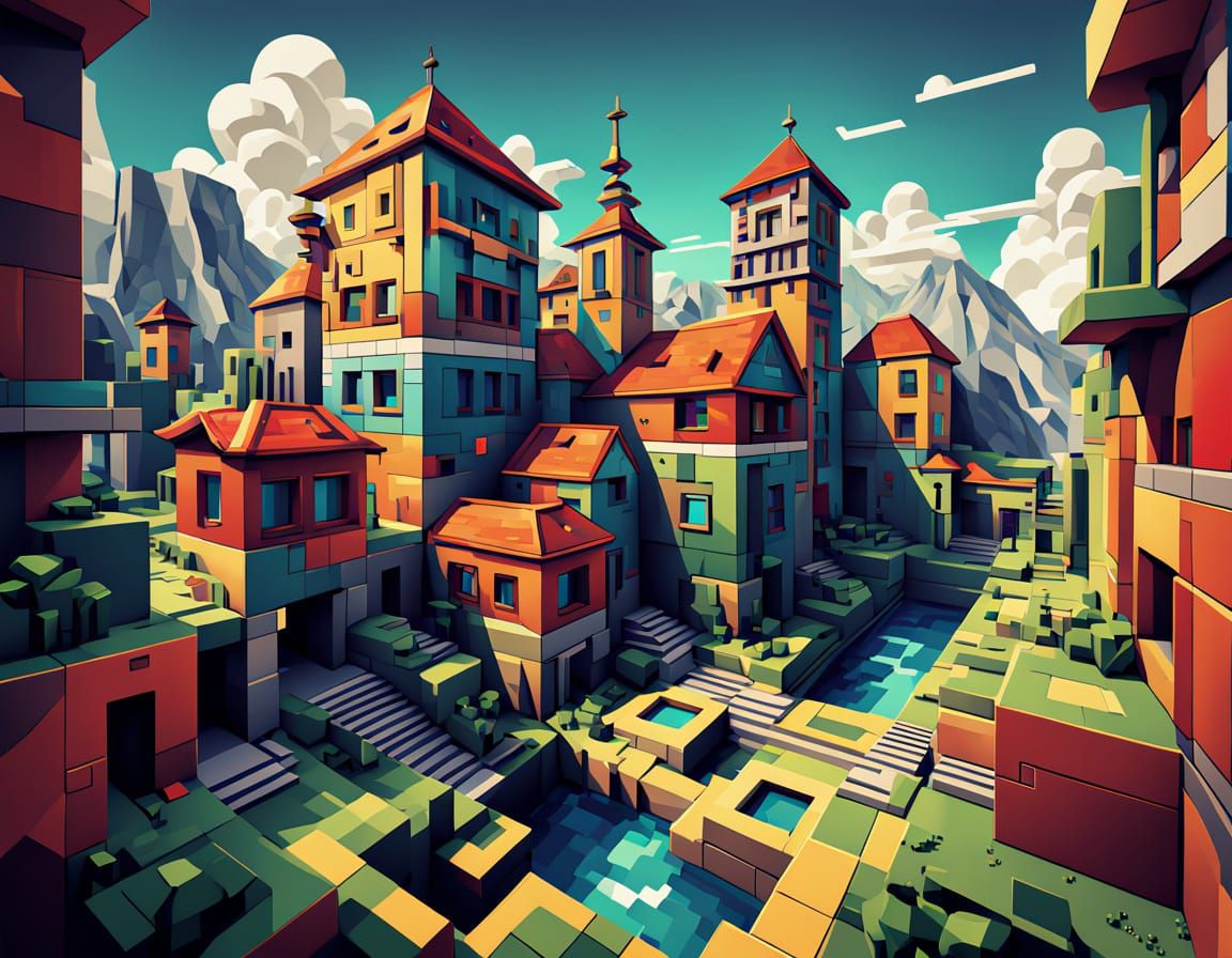 Geometric Village in Cubist Style - AI Art