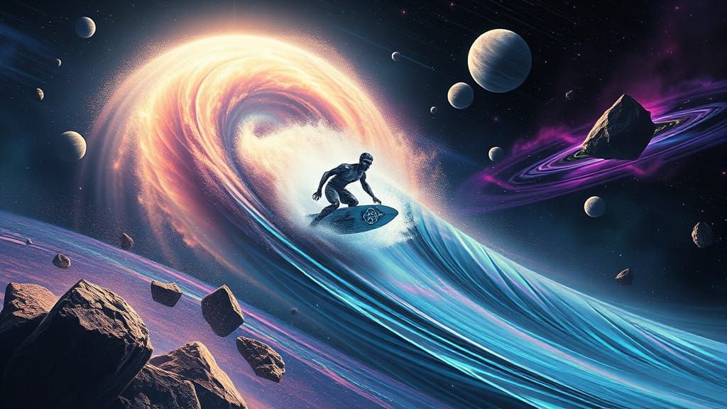 Cosmic Surfer Rides Iridescent Vortex in Dark Futu... - AI Art