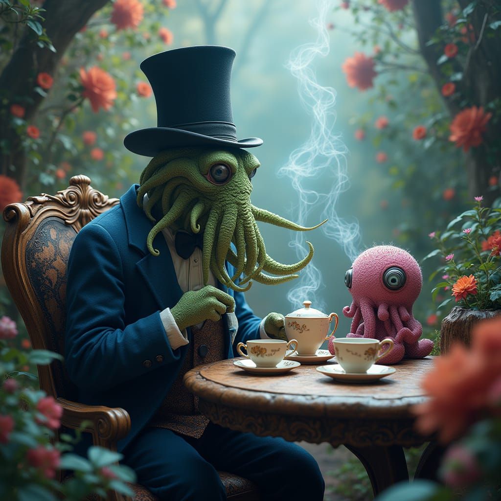 Dapper Cthulhu Sips Tea with Cute Shoggoth in Whim... - AI Art