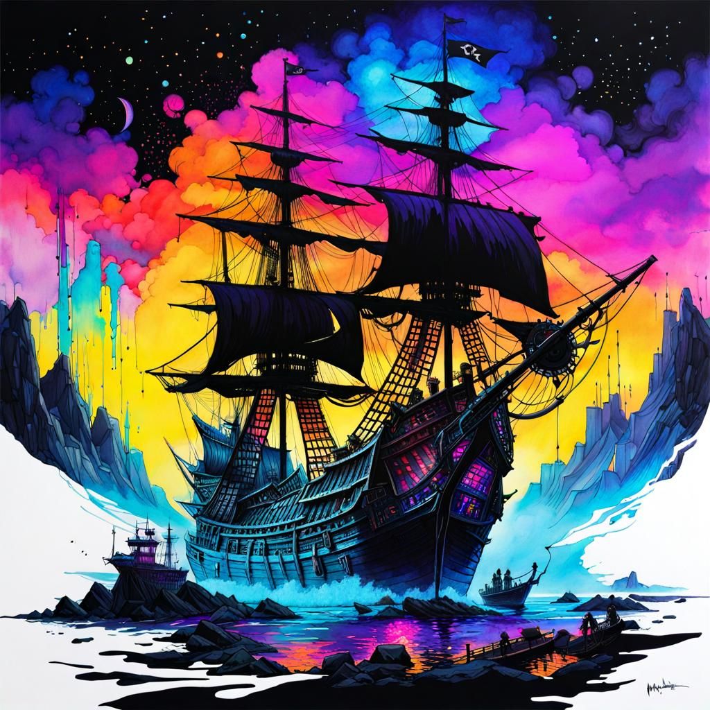Black Light Art - pirate ship - AI Generated Artwork - NightCafe Creator