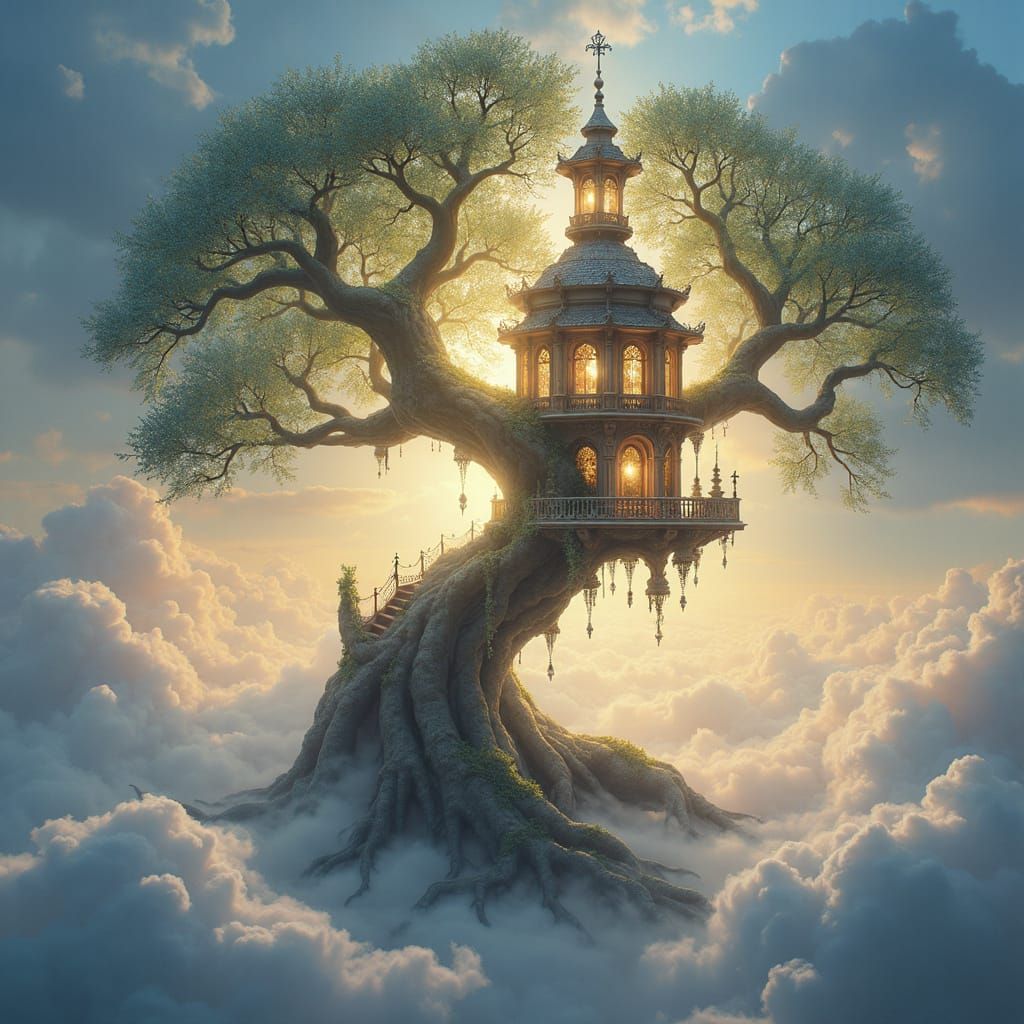 Crystal Palace Treehouse on a Tree of Life in Shim... - AI Art
