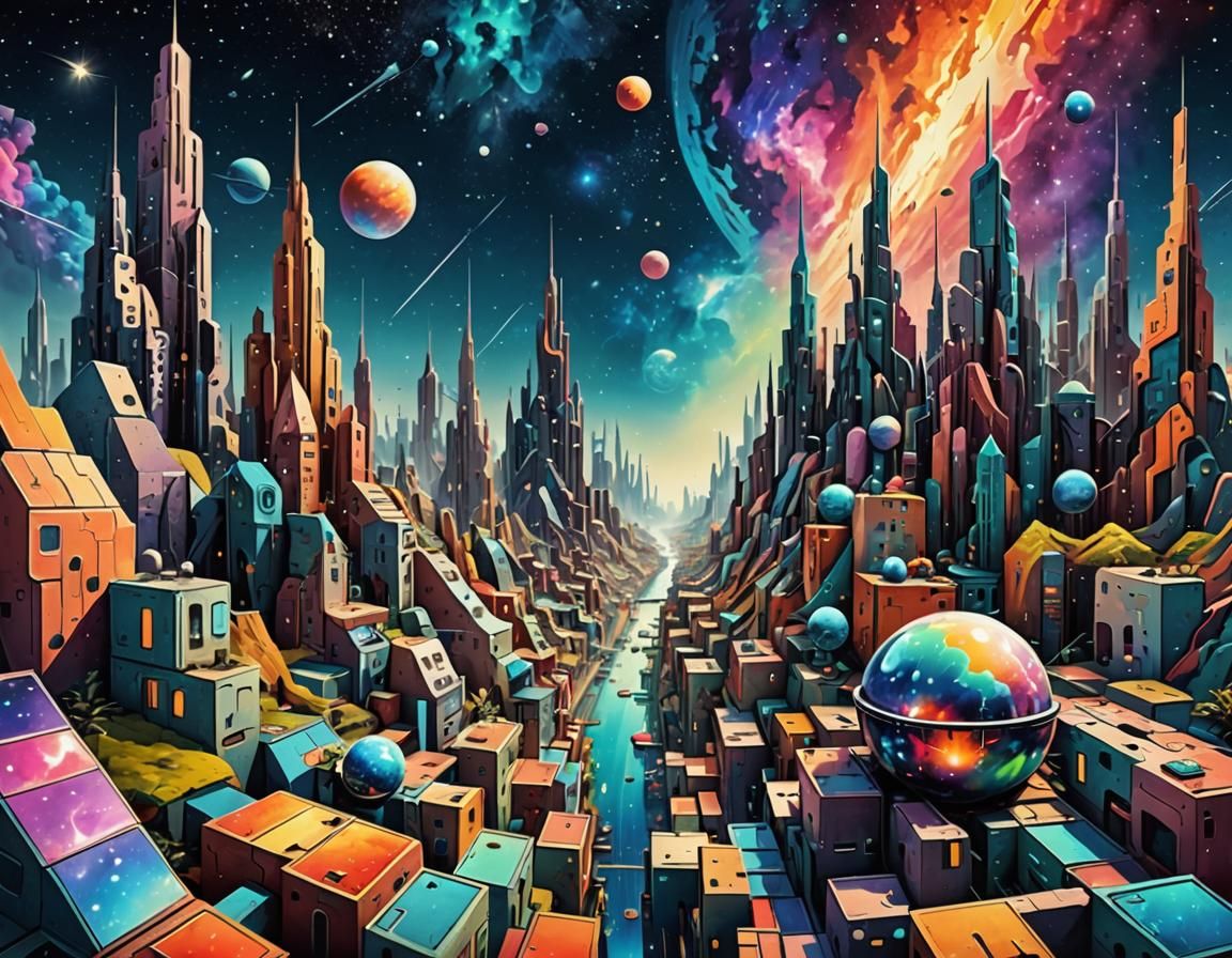 Surreal Cubist Dreamscape futuristic city on alien planet colorful ...