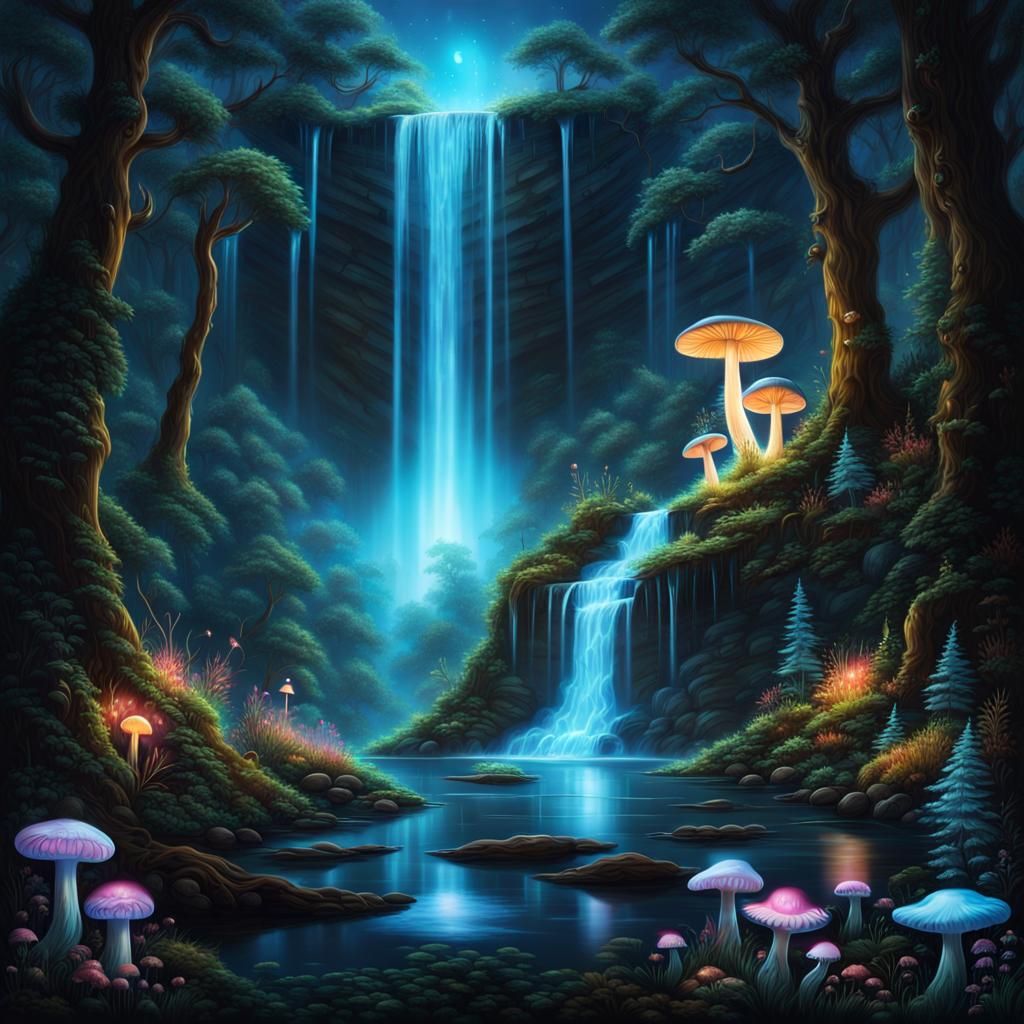bioluminescent gigantic waterfall in a dark forest, glowing water ...