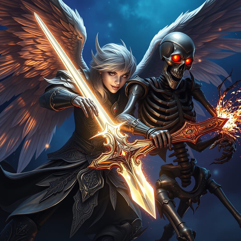 Angel Battles Skeletal Warrior in Shimmering Light - AI Art
