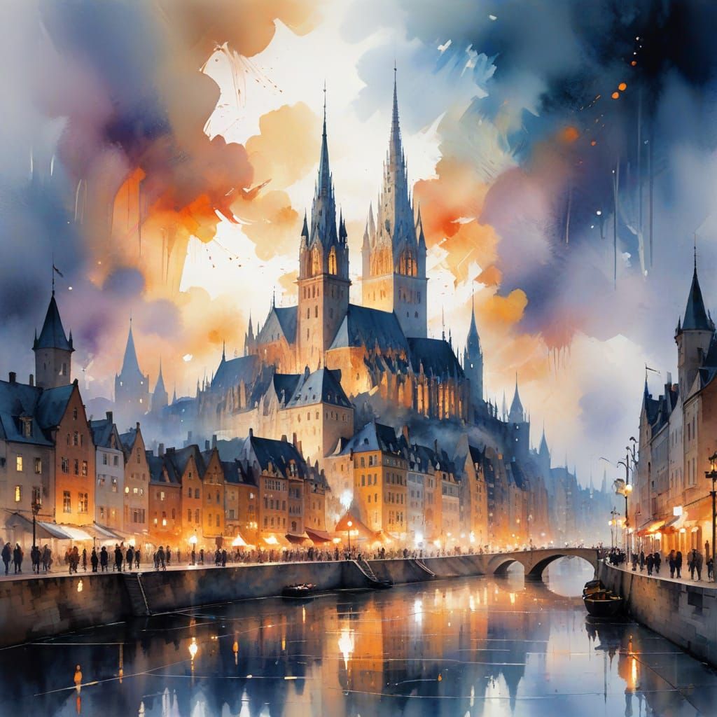 Fantasy Cityscape with Spires in Watercolour Style - AI Art