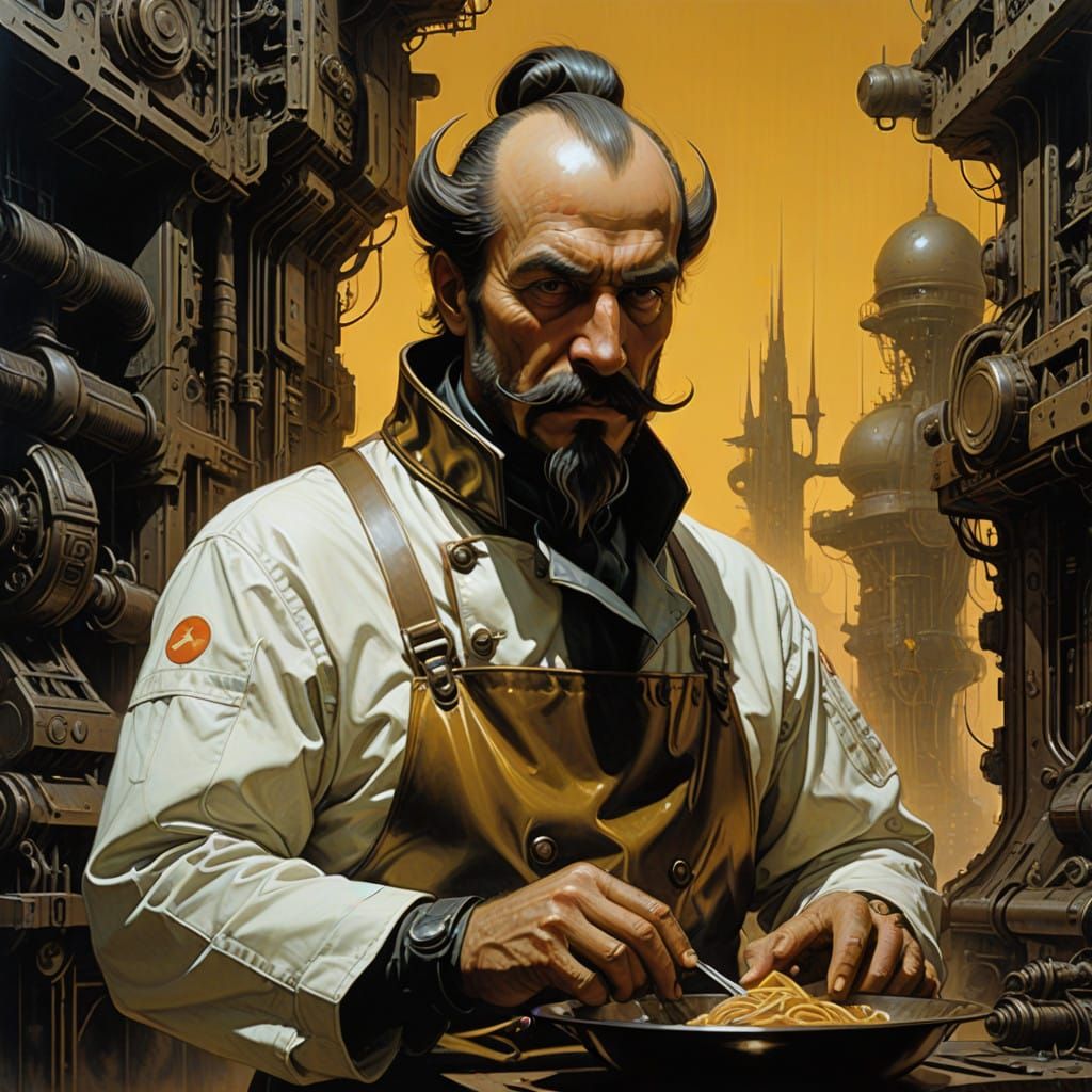 sci-fi cyberpunk chef - Cybernetic Chef in Golden Light