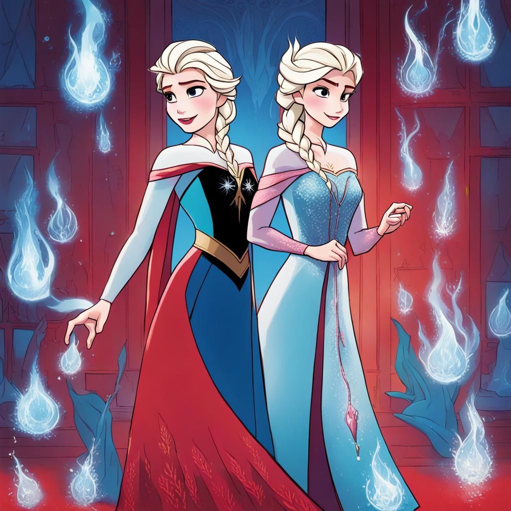 (Elsa With Fire Powers In A Red Room and Anna With Ice Powers In A Blue ...