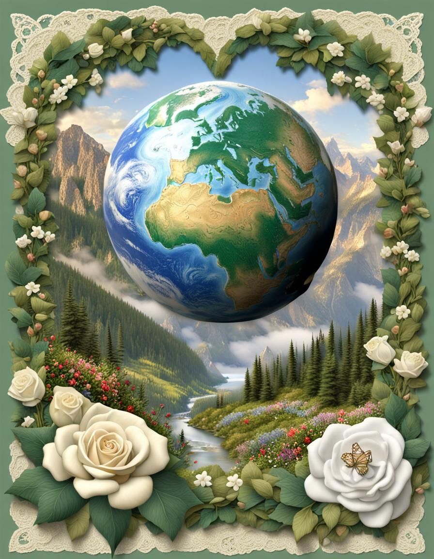 3D Earth GLOBE. trees in 3D a exquisite vintage scrapbook lace page big ...