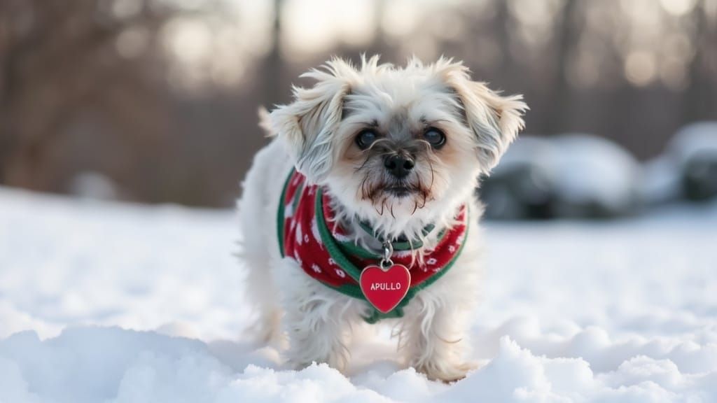 A small, fluffy Bichon-Shih tzu dog, , Collar with a Red Heart shaped ...