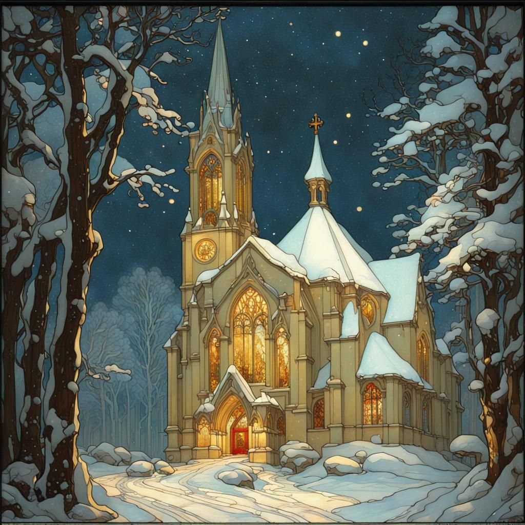 alfonso mucha painting church windows stained glass shining winter ...