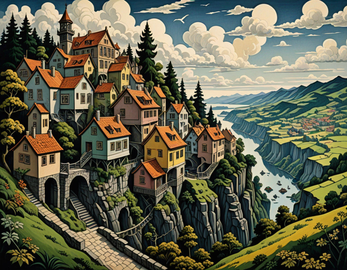 (Artist)Escher, Landscape, masterpiece, promptweight, colourfuloriginal,