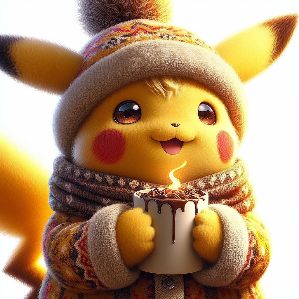 Happy Fuzzy Pikachu in Adorable Winter Clothes Drinking Hot Chocolate ...