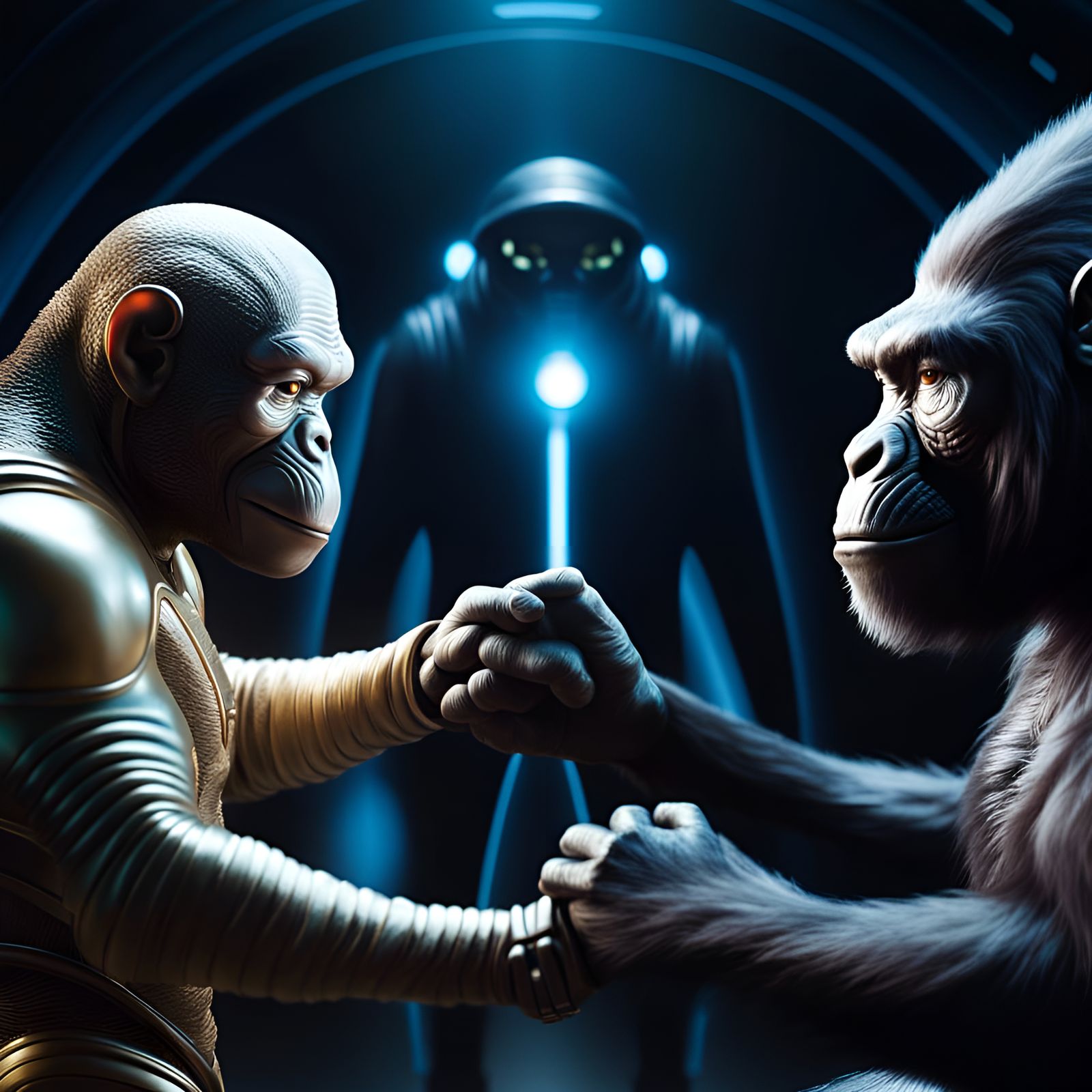 DSLR photo of a man, alien, and an ape holding hands. 8K resolution ...