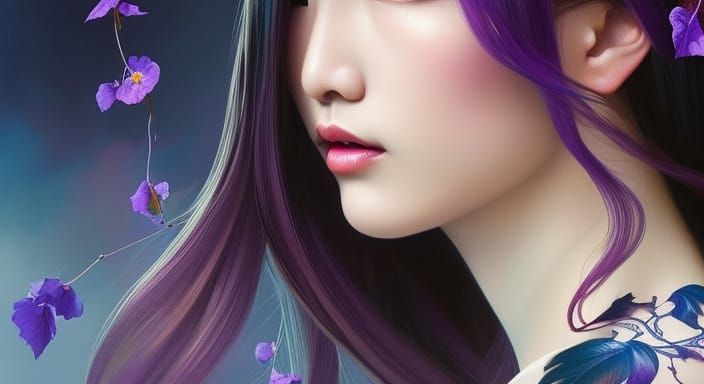 Bueatiful girl, Nora Xu, long black hair, tattooed neck, feather, violets, head portrait, 8k ...