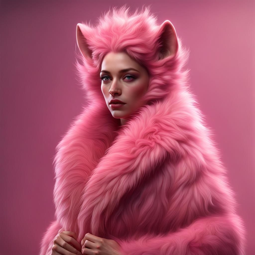 hyperrealistic beautiful pink fur creature who like a woman, full body ...