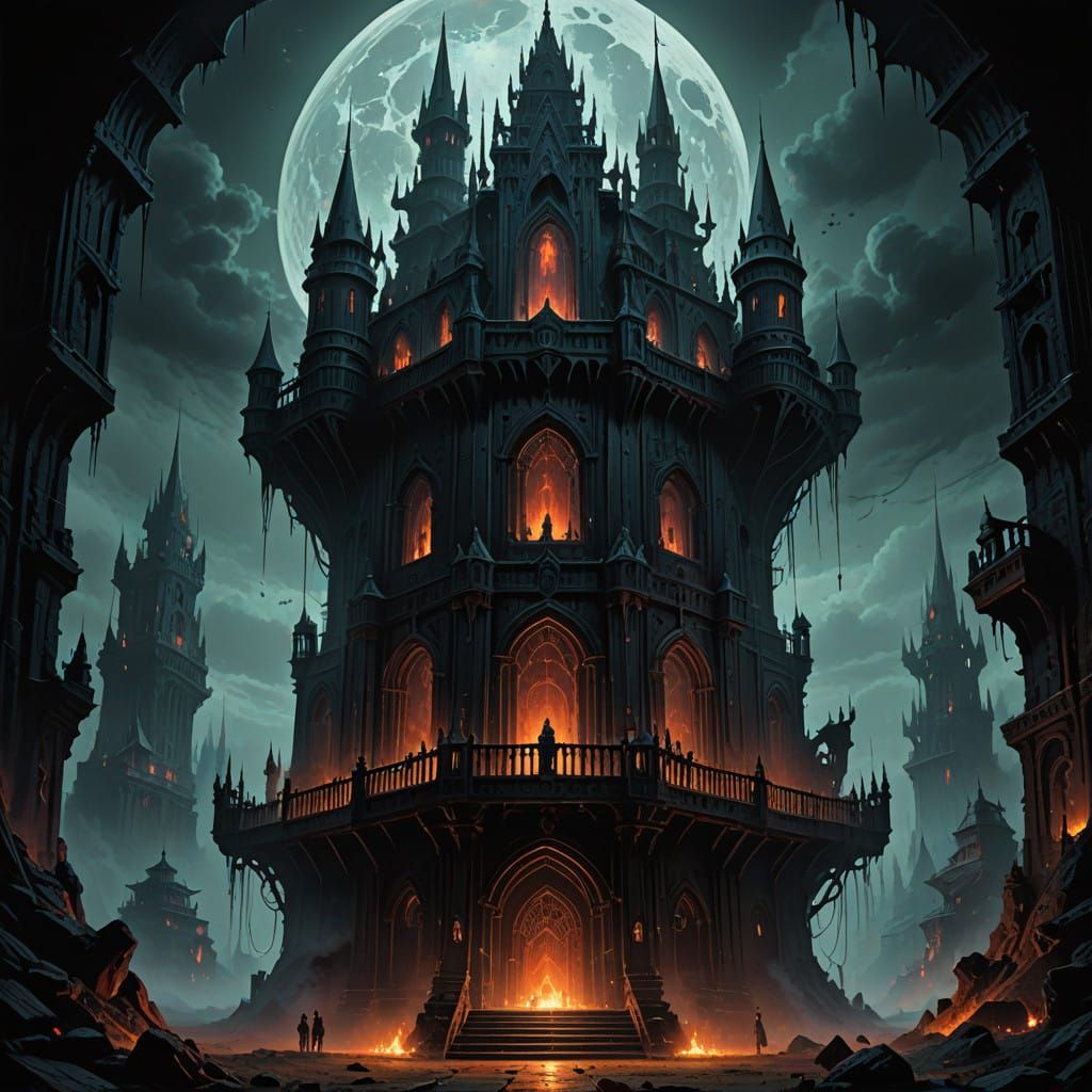 A menacing necromancer's futuristic floating fortress, ominously it ...