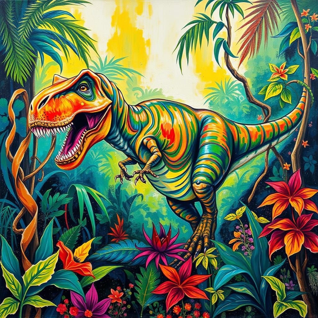 Colorful T-Rex - Neo-Impressionist T-Rex in Emerald Jungle