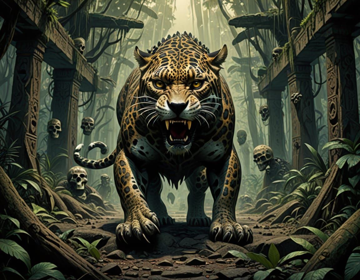 Mesoamerican Jaguar in Aztec Horror Scene - AI Art