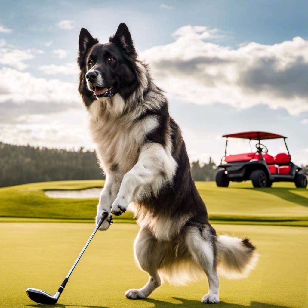 A large dog standing on it's hind legs swinging a golf club driver with ...