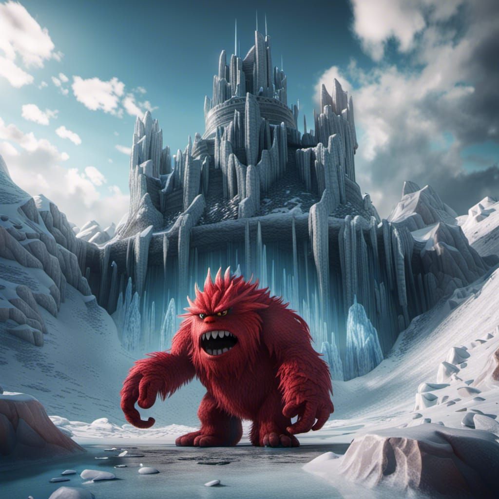 A massice ice castle sits in an icy valley. A the eye of a storm rages ...